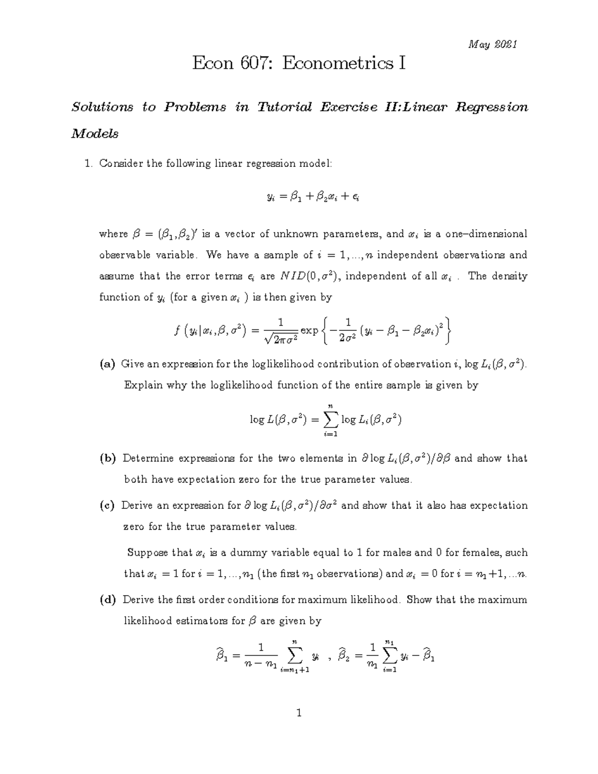 Solution to Tutorial Exercise II - May 2021 Econ 607: Econometrics I ...