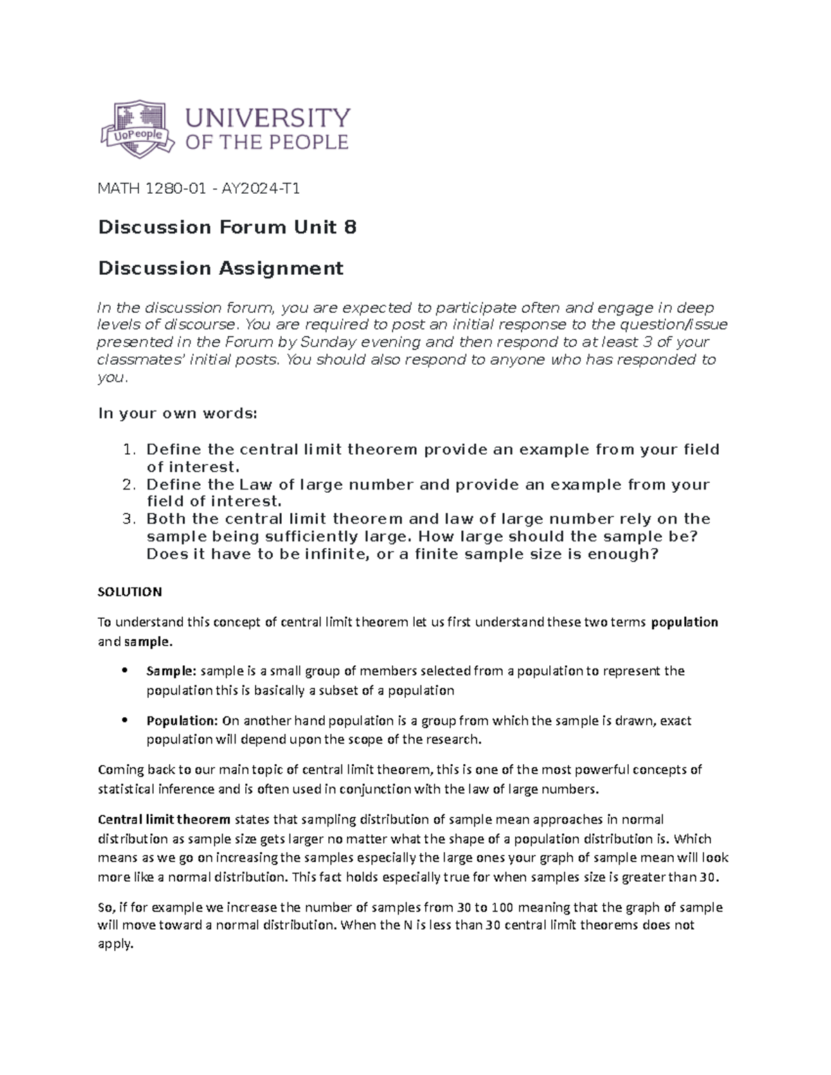 Discussion Forum Unit 8 - MATH 1280-01 - AY2024-T Discussion Forum Unit ...