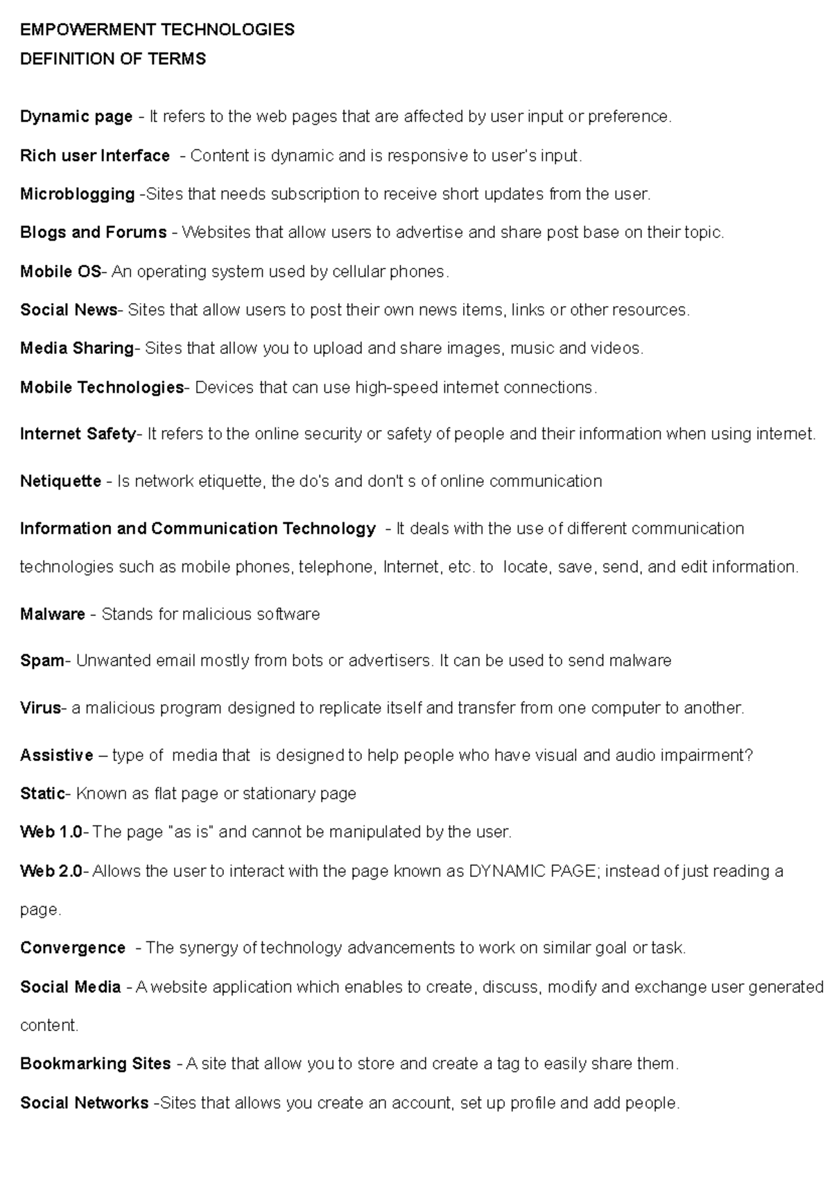 Emp - ddadad - EMPOWERMENT TECHNOLOGIES DEFINITION OF TERMS Dynamic ...