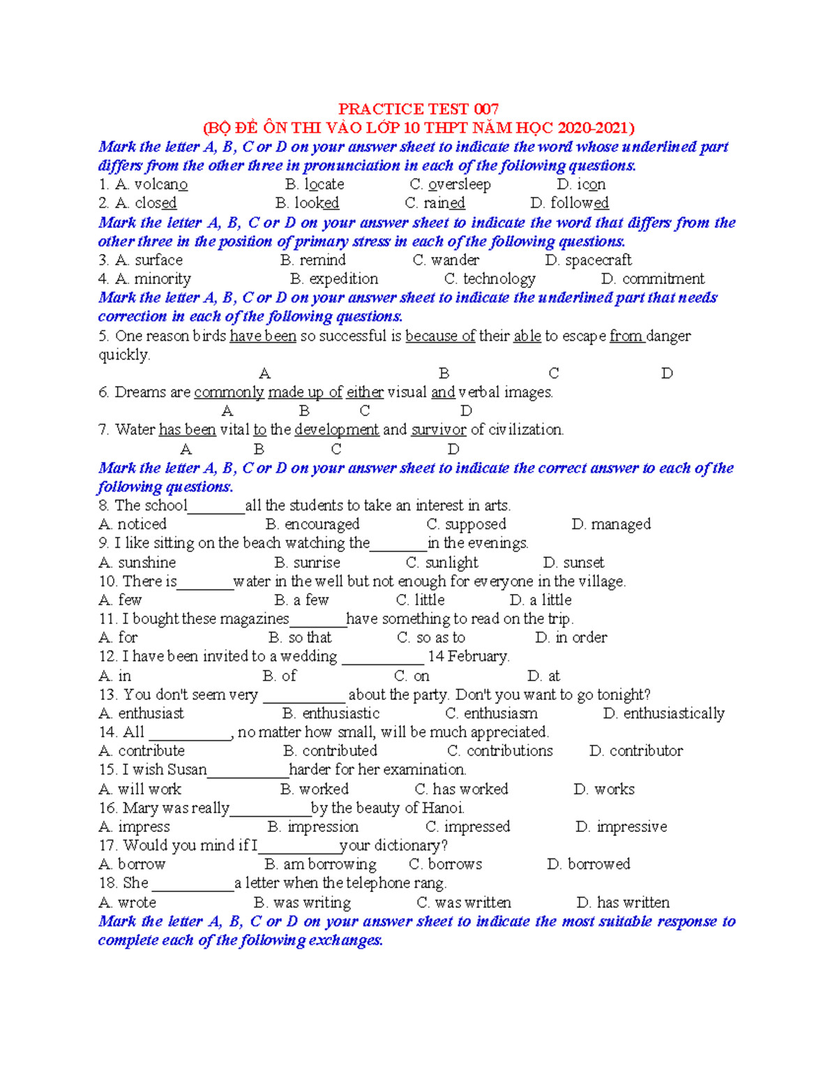 Practice TEST 007 đáp án - PRACTICE TEST 007 (BỘ ĐỀ ÔN THI VÀO LỚP 10 ...
