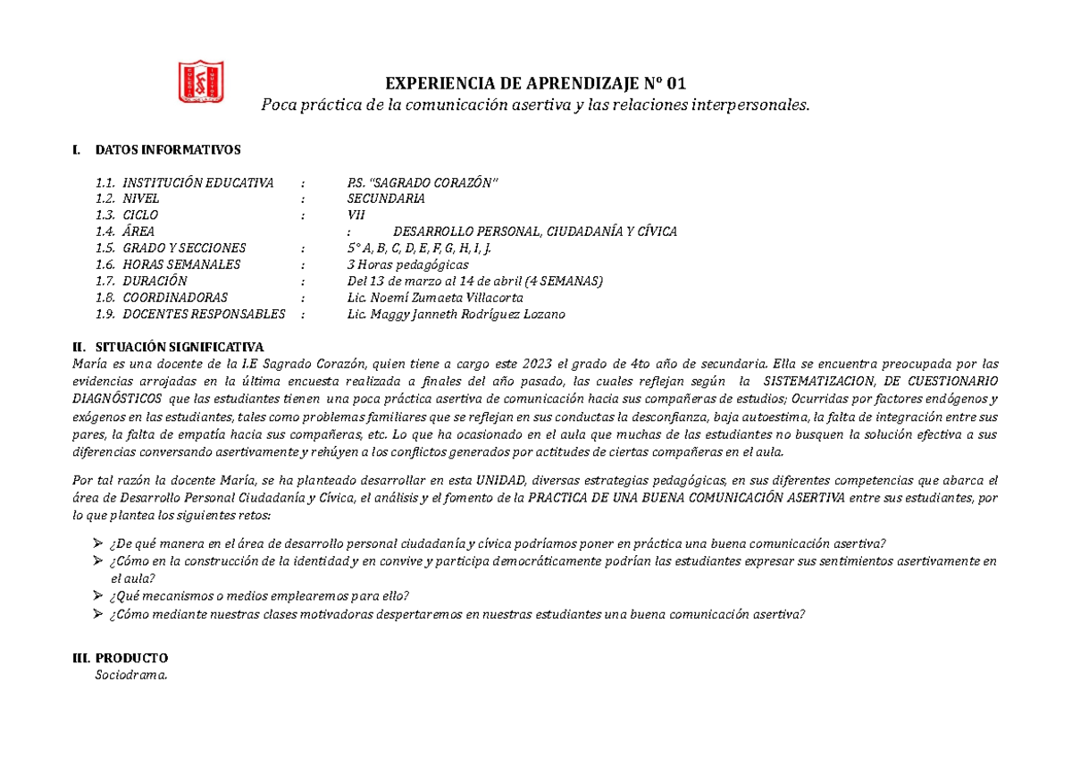 DPCC EDA 01 5TO - LEER - EXPERIENCIA DE APRENDIZAJE N° 01 Poca práctica de la comunicación ...