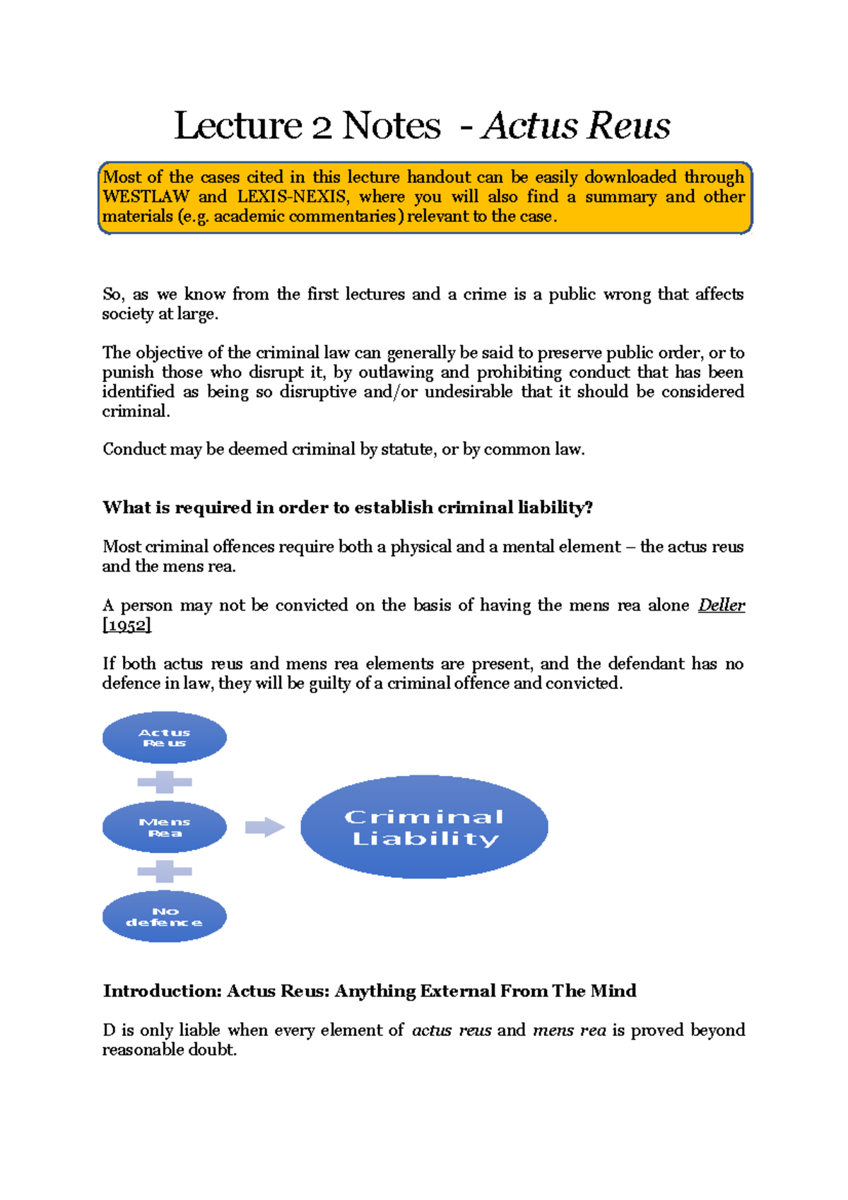 Actus reus notes - Law - Lecture 2 Notes - Actus Reus Most of the cases ...