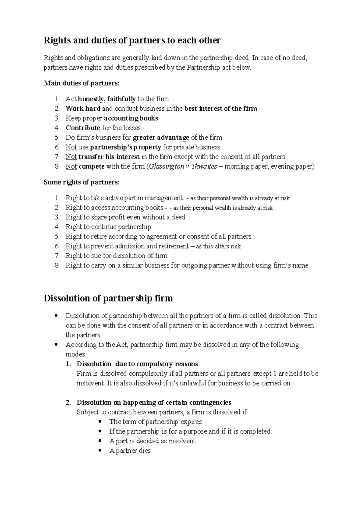 Part 2 - law notes 2 - Rights and duties of partners to each other ...