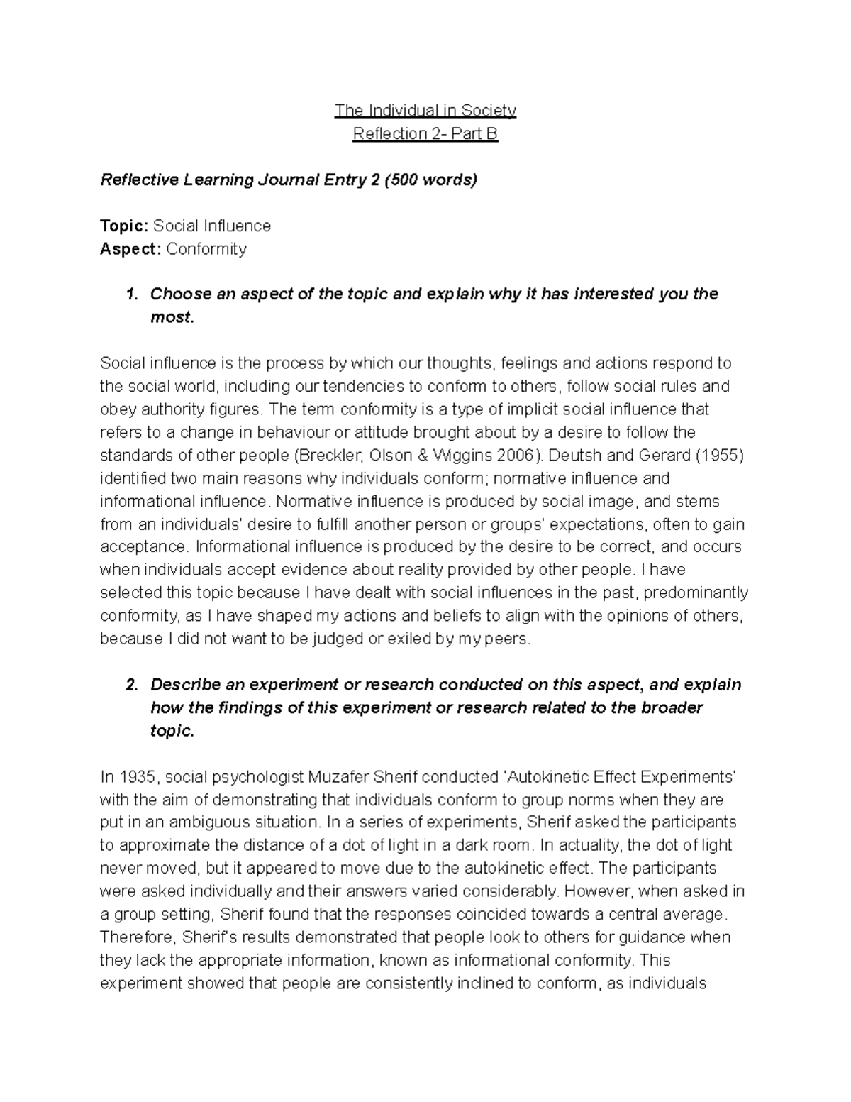 Reflection 2-Part B I - The Individual in Society Reflection 2- Part B ...