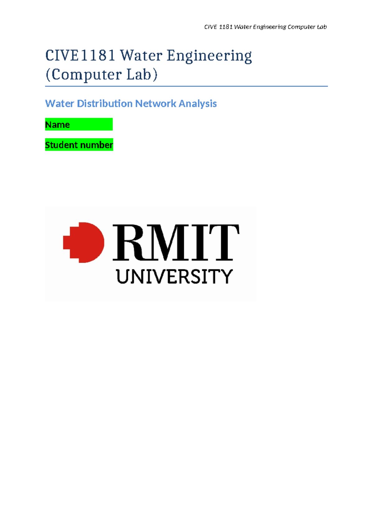 Computer Lab Report - CIVE1181 Water Engineering (Computer Lab) Water ...