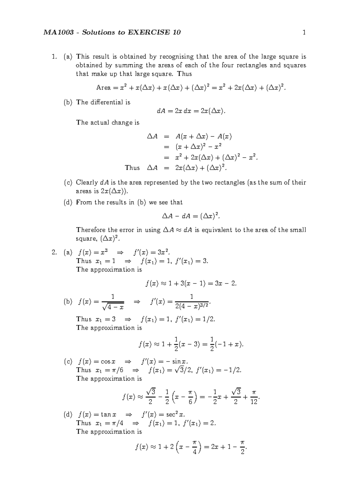 Exercise 10 Solutions - MA1003 - Solutions to EXERCISE 10 1 (a) This ...