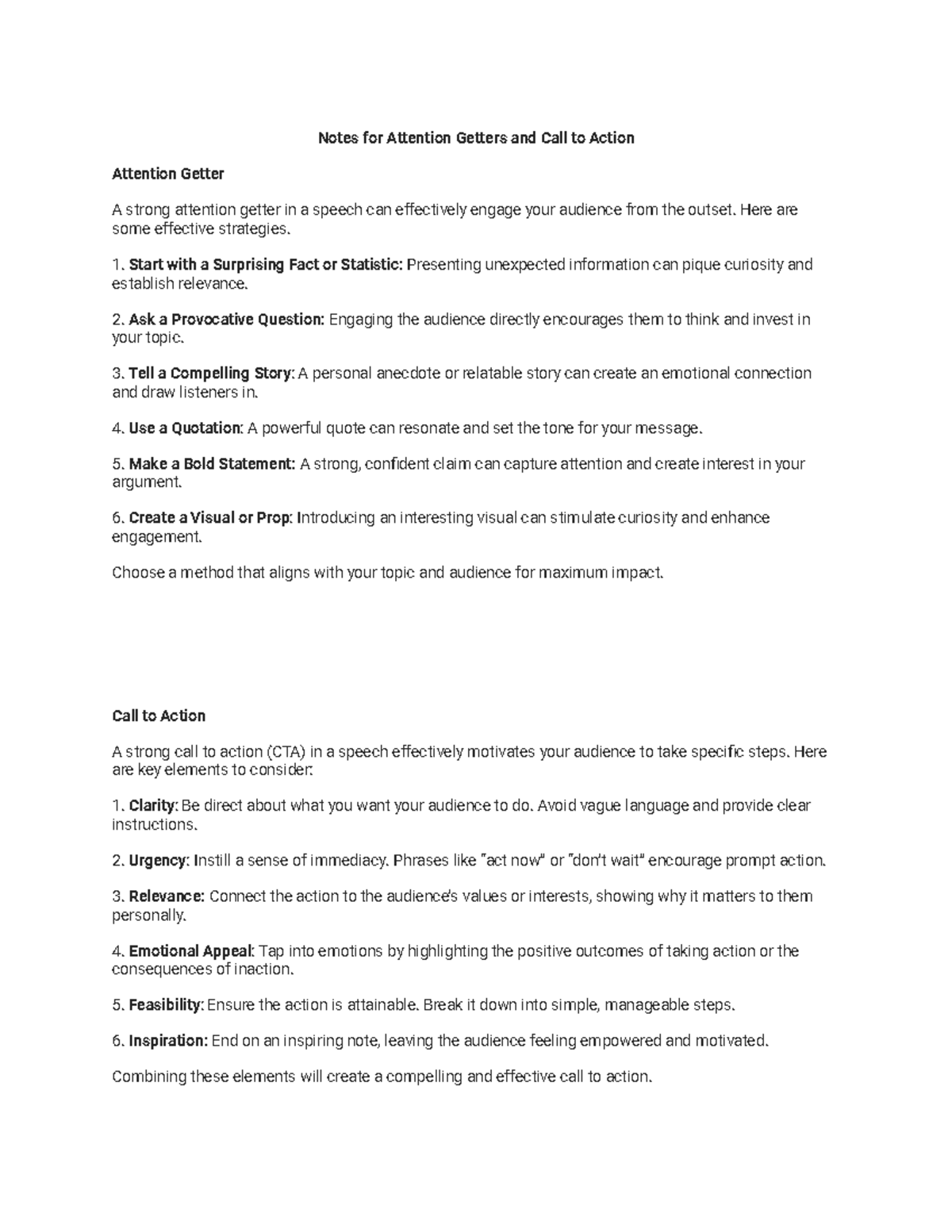 Notes for Attention Getters and Call to Action - Here are some ...
