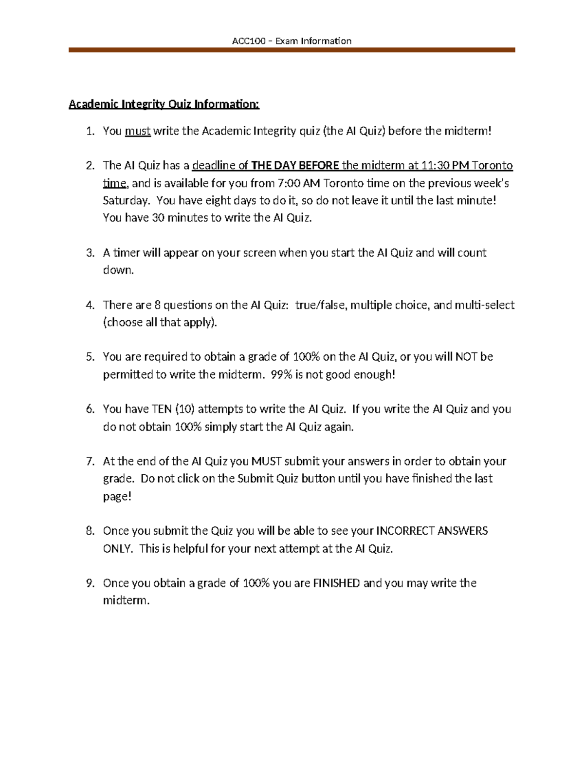 EXAM Information Sheet - TRSM - Academic Integrity Quiz Information: 1 ...