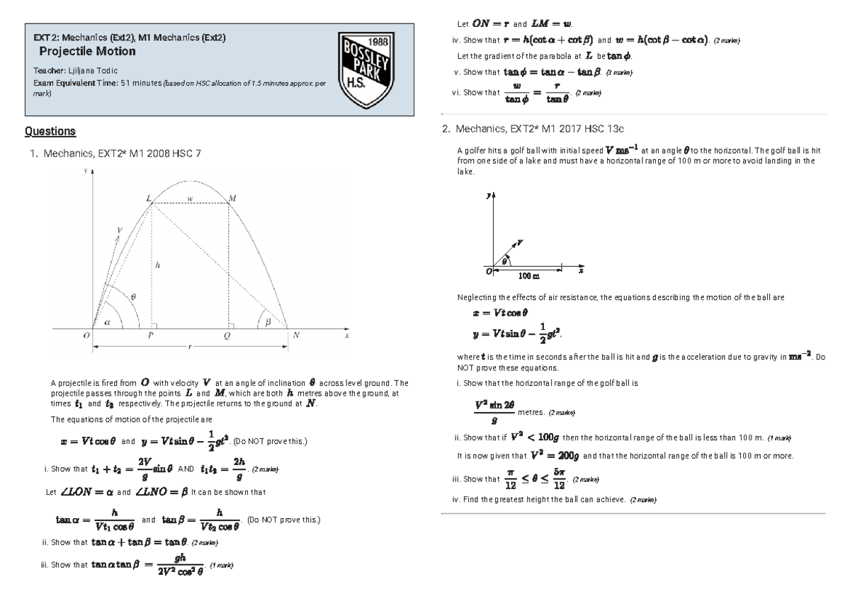 Projectile Motion 2 - 1. Mechanics, EXT2* M1 2008 HSC 7 EXT 2 ...