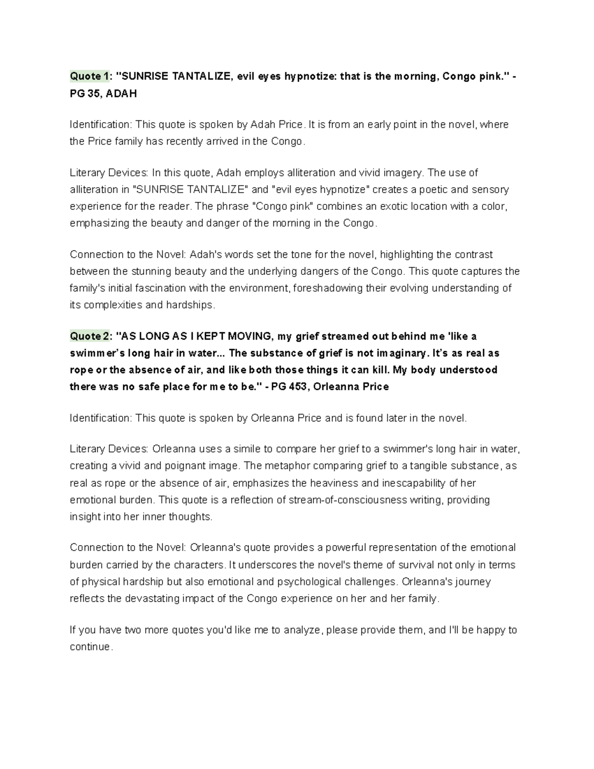 Poisonwood Bible Test Review - Quote 1: "SUNRISE TANTALIZE, evil eyes ...