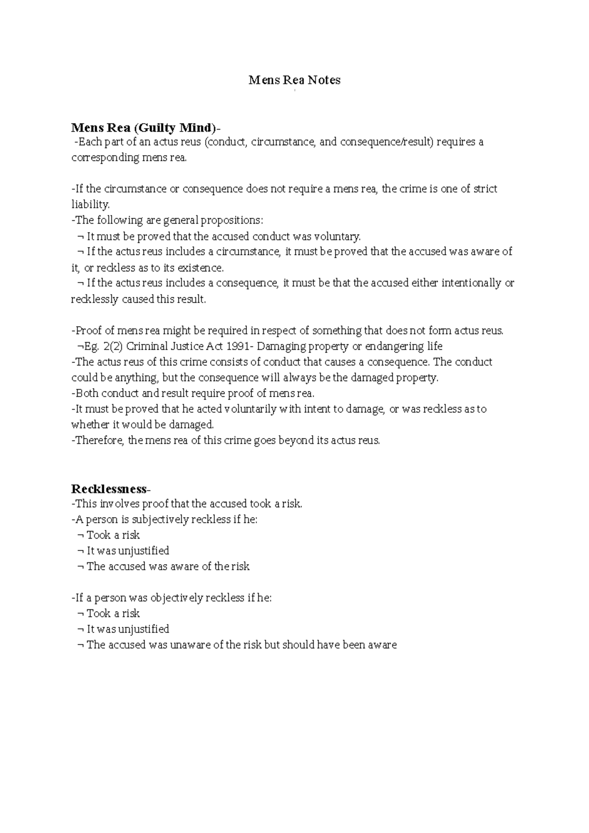Week 3 Mens Rea - Mens Rea Overview - Mens Rea (Guilty Mind)-Each part ...