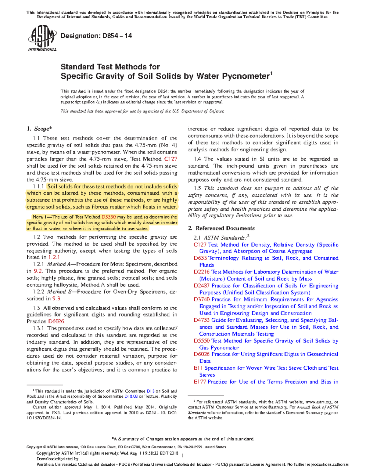 ASTM D854 Test Methods for Specific Gravity of Soil Solids by Water ...