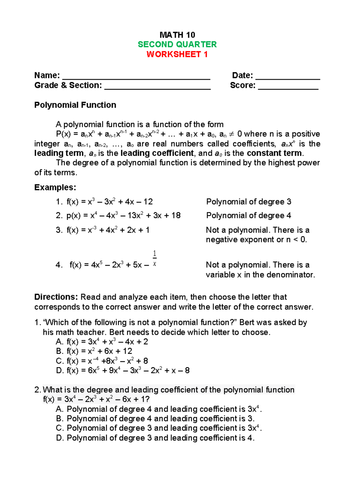 Math10Q2-Remedial - MATH 10 SECOND QUARTER WORKSHEET 1 Name