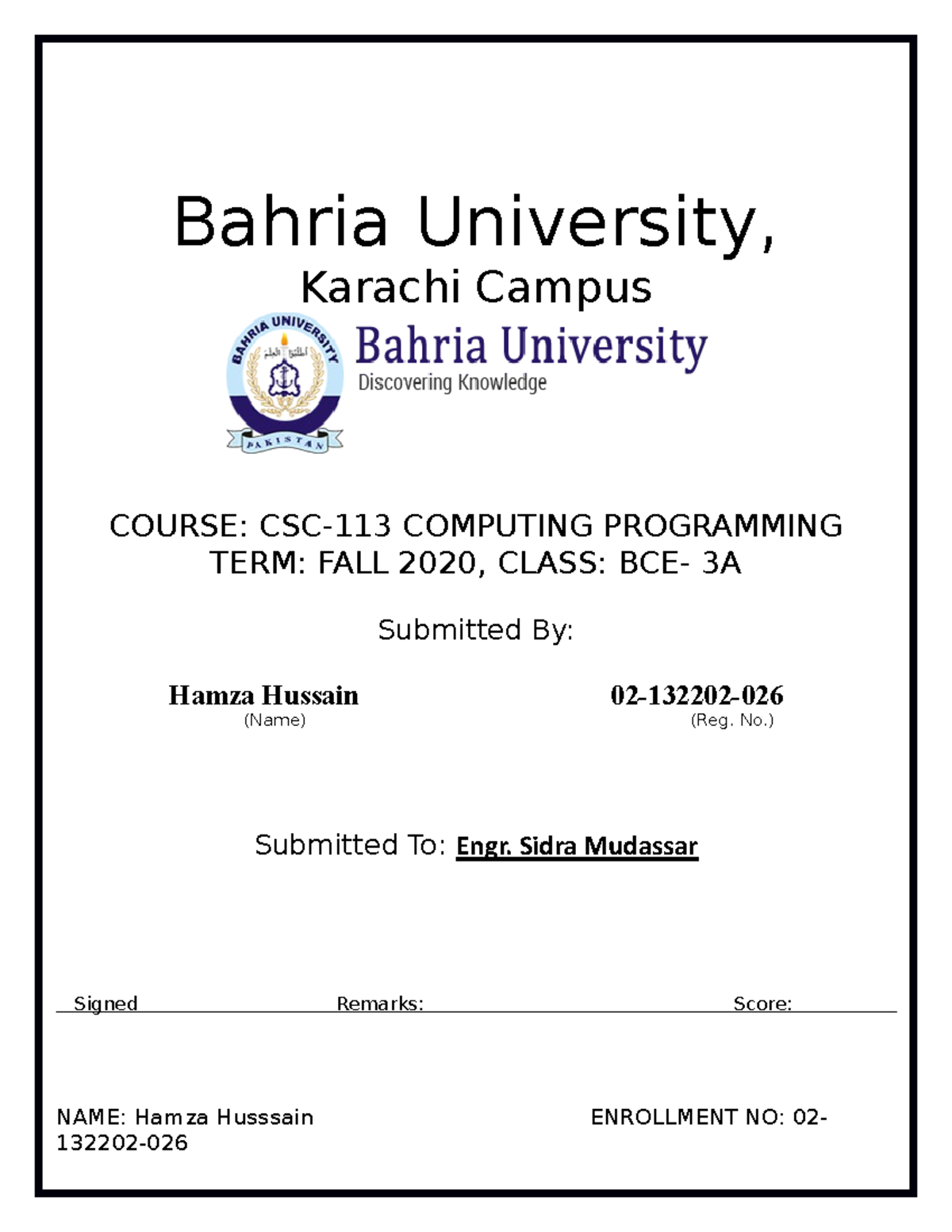Lab Assigment Copy 1 Bahria University Karachi Campus Course Csc 113 Computing Programming