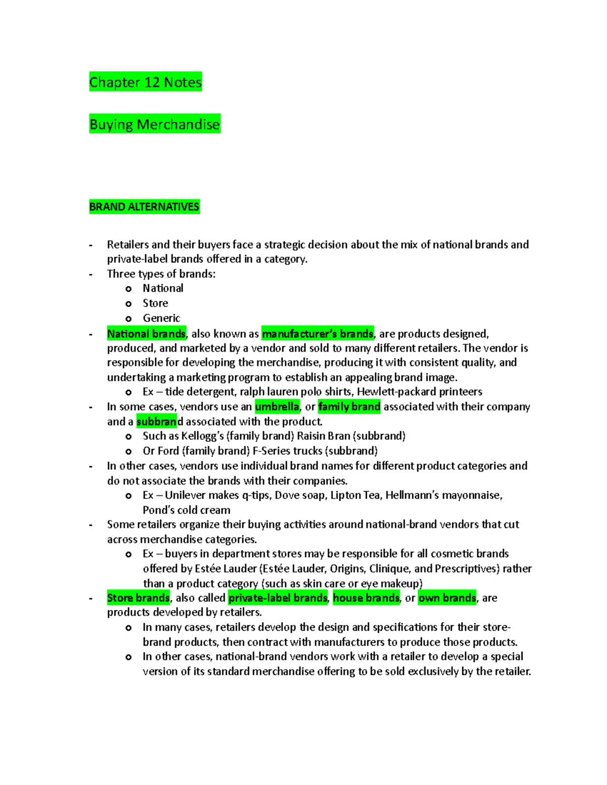 Chapter 12 Notes - Chapter 12 Notes Buying Merchandise BRAND ...