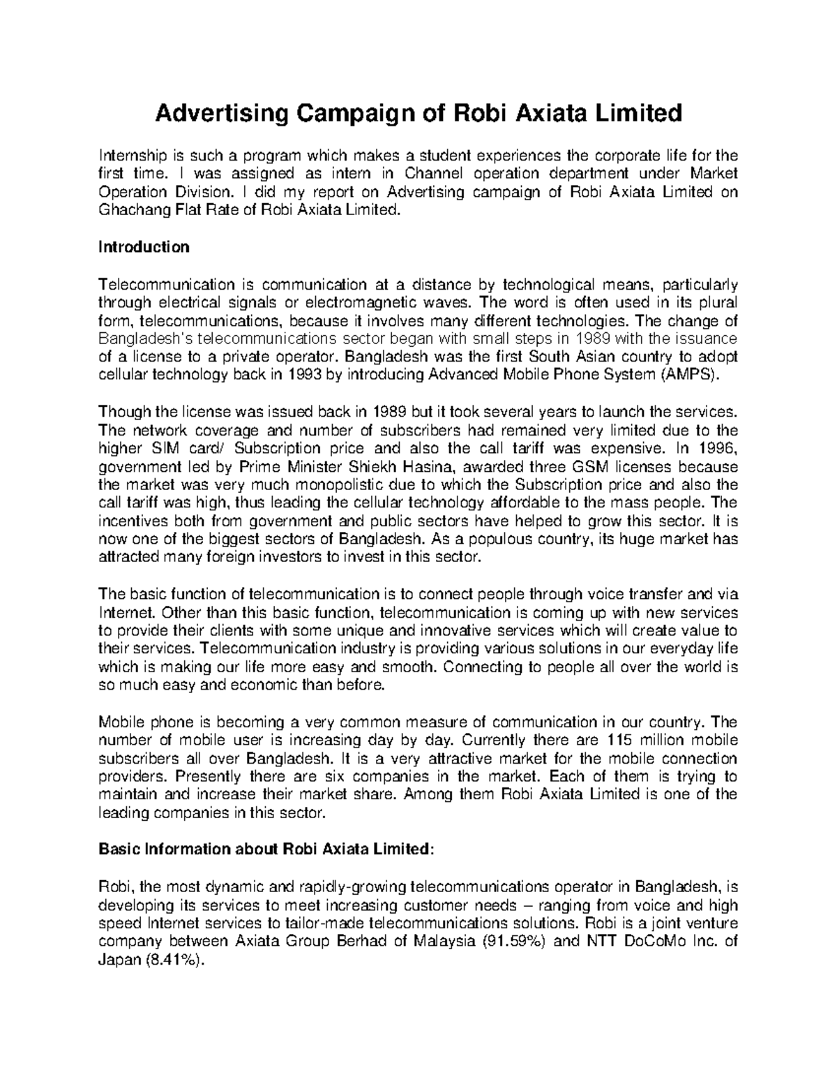 Advertising Campaign of Robi Axiata Limited - Strategic Business Management - DU - Studocu