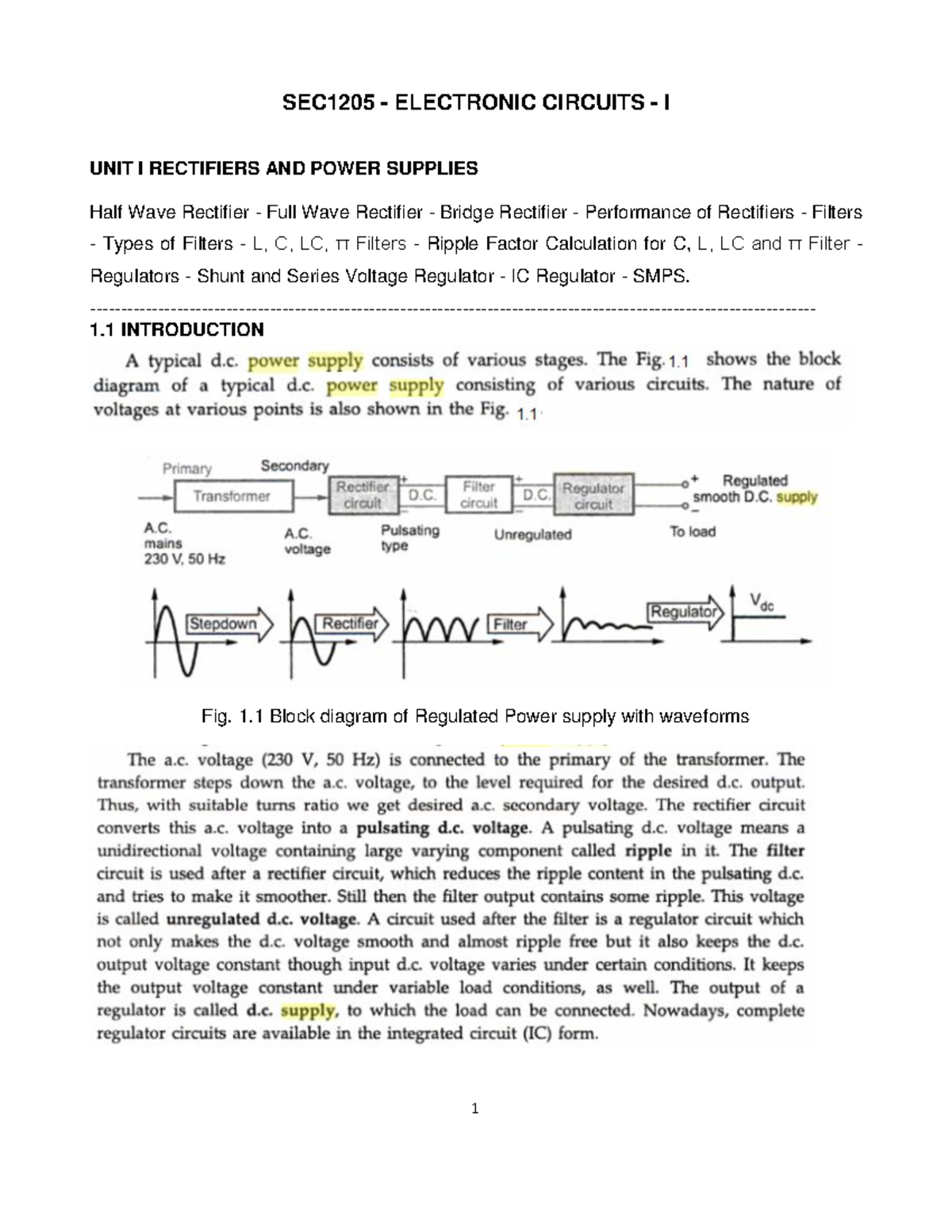 Rectifiers notes - SEC1205 - ELECTRONIC CIRCUITS - I UNIT I RECTIFIERS ...