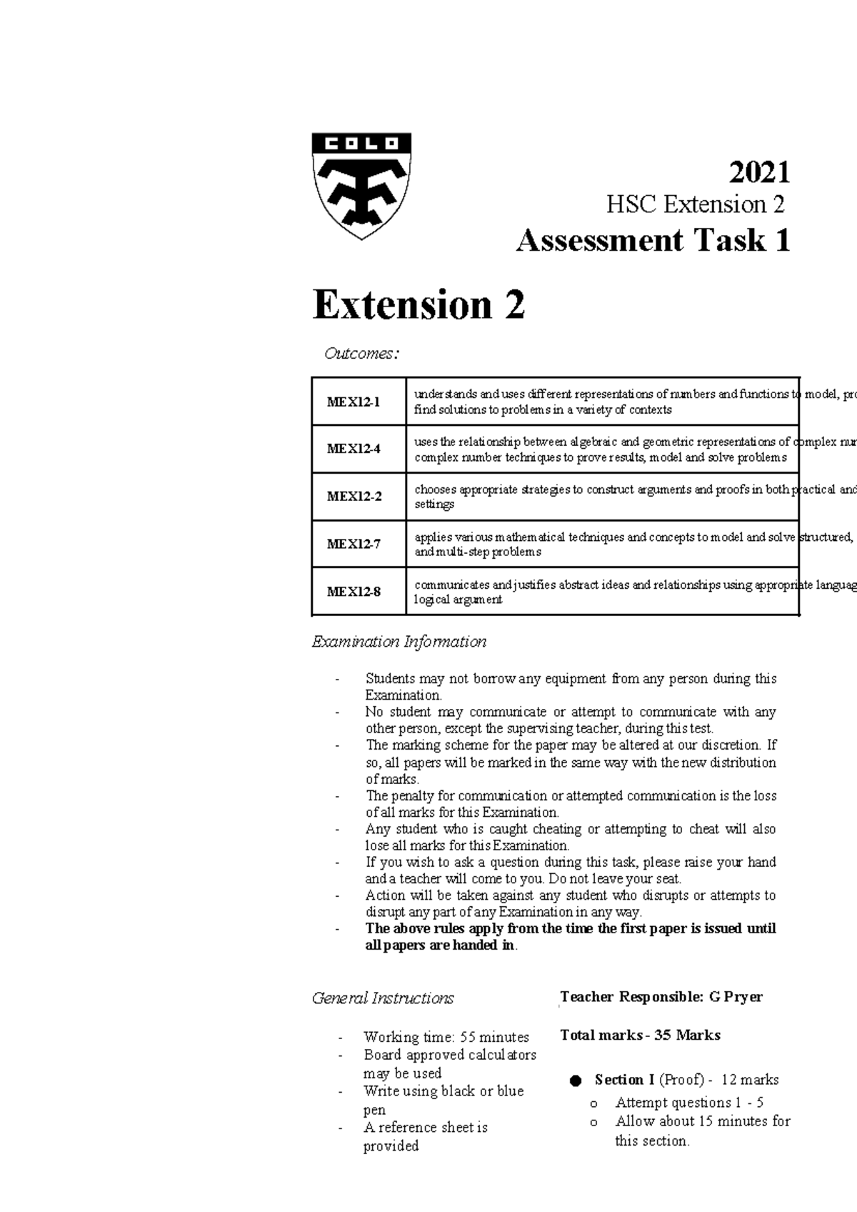 Ext 2 Task 2 - 2021 - 2021 HSC Extension 2 Assessment Task 1 Extension 2 Outcomes: MEX12-1 - Studocu