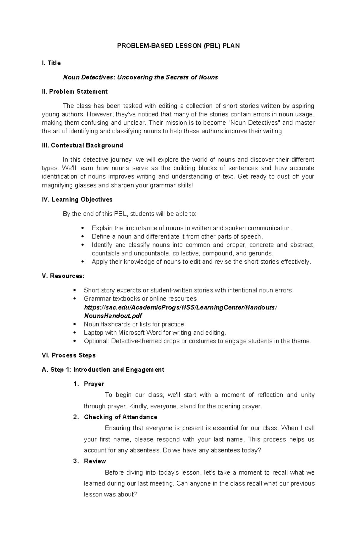 PBL Final Review - PROBLEM-BASED LESSON (PBL) PLAN I. Title Noun ...