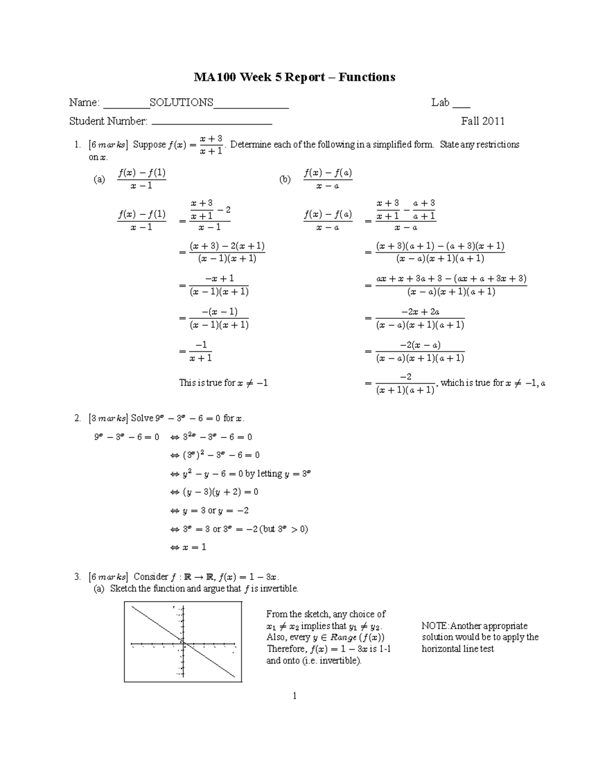 MA100wk5solns - ma100 lab - MA100 Week 5 Report ñ Functions Name: SOLUTIONS_____ Lab Student ...