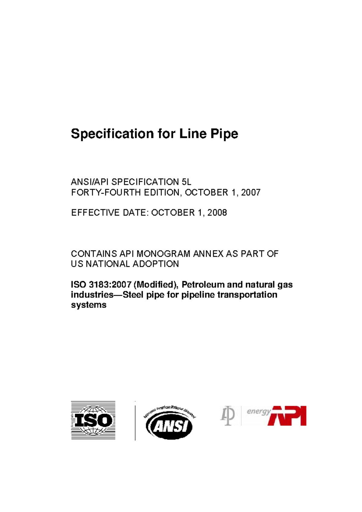 API Spec 5L (2007 ) - mathematic engineering - Specification for Line Pipe ANSI/API ...