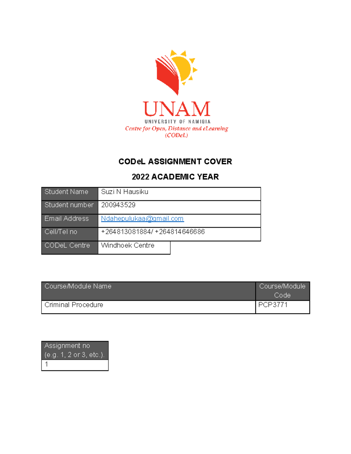 Final criminal procedure Assignment 1 - CODeL ASSIGNMENT COVER 2022 ...
