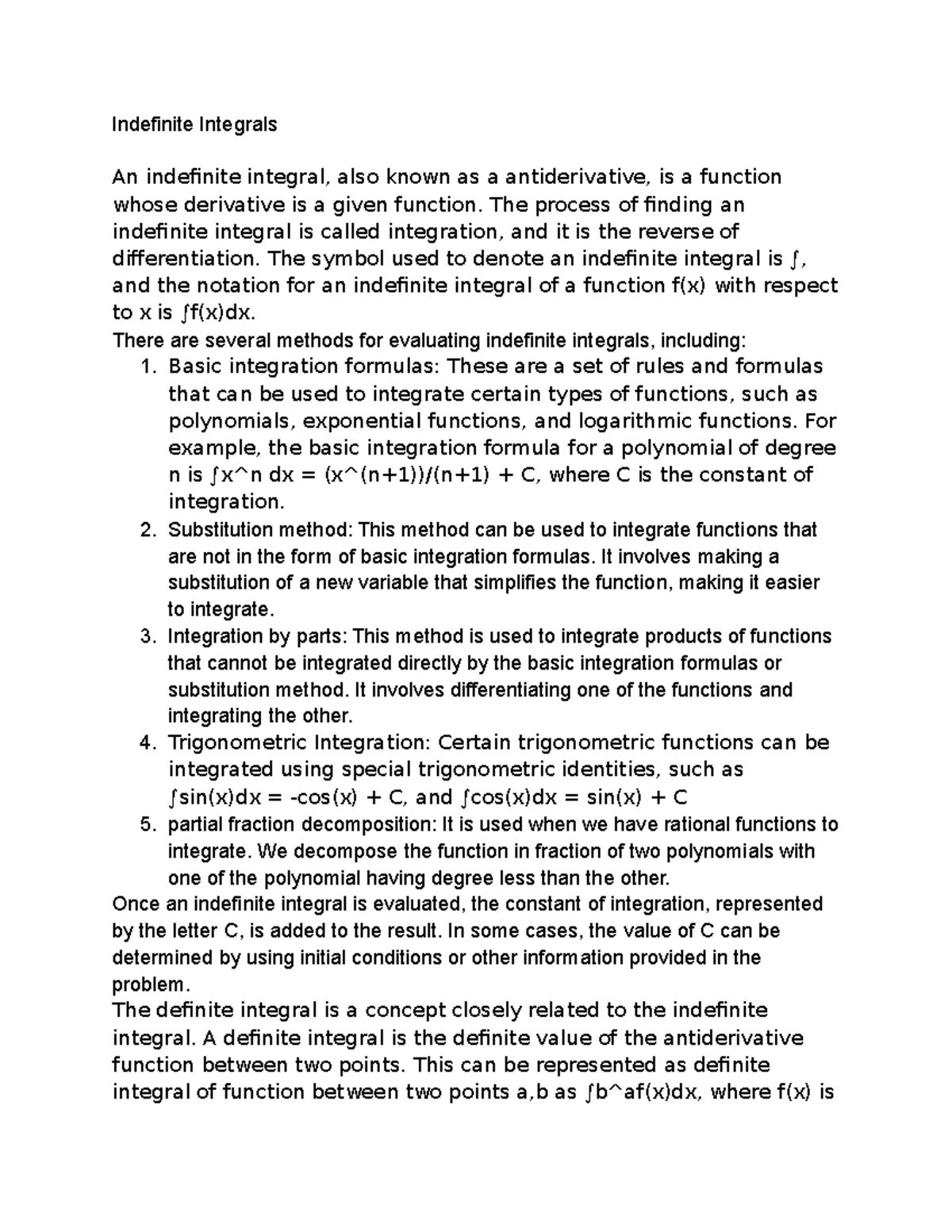 Indefinite Integrals - The process of finding an indefinite integral is ...