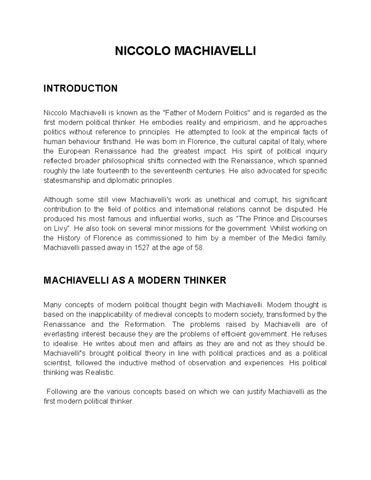 Machiavelli - notes - NICCOLO MACHIAVELLI INTRODUCTION Niccolo ...