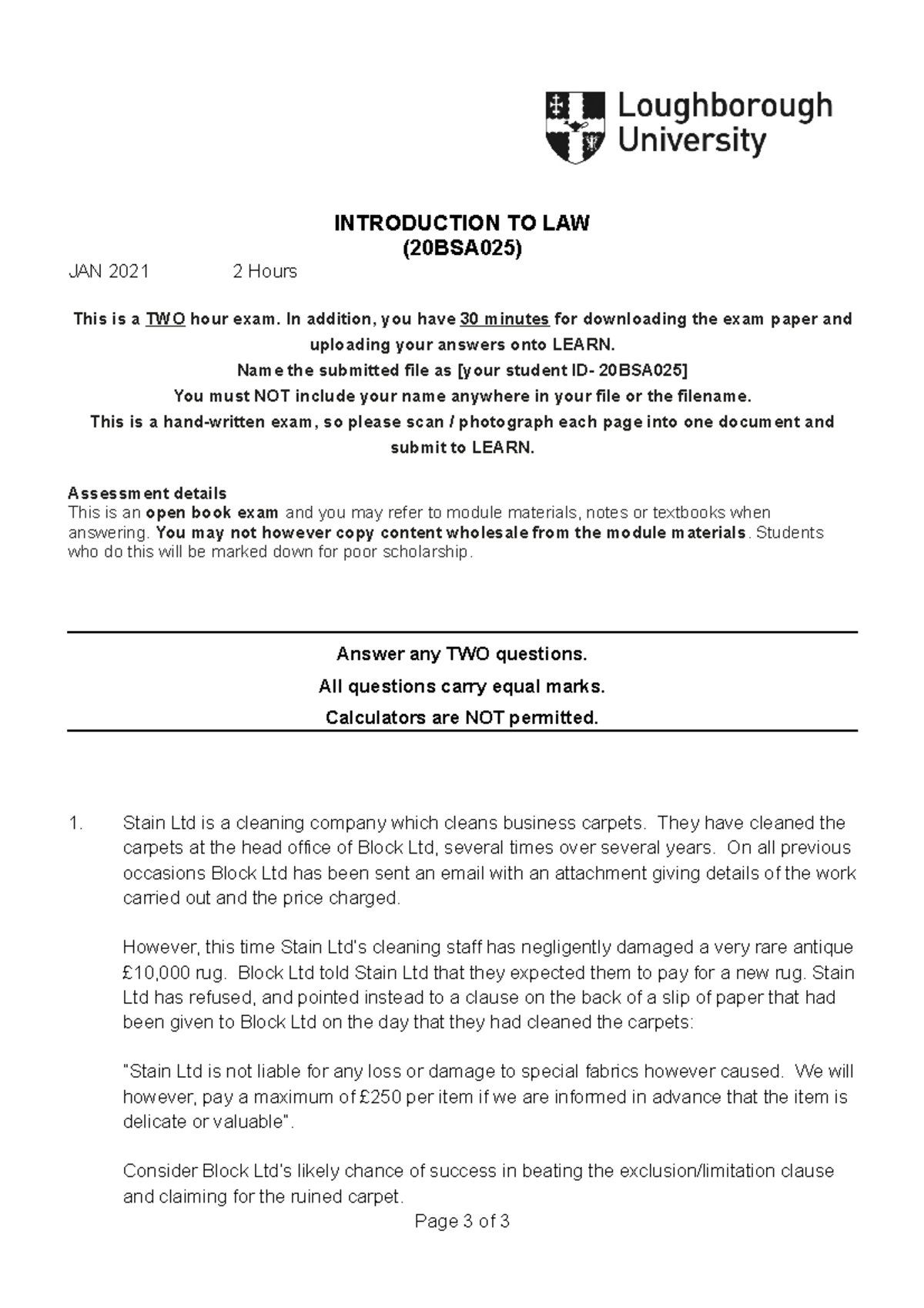 20BSA025 - Introduction to Law Exam Paper 2020 with answers ...