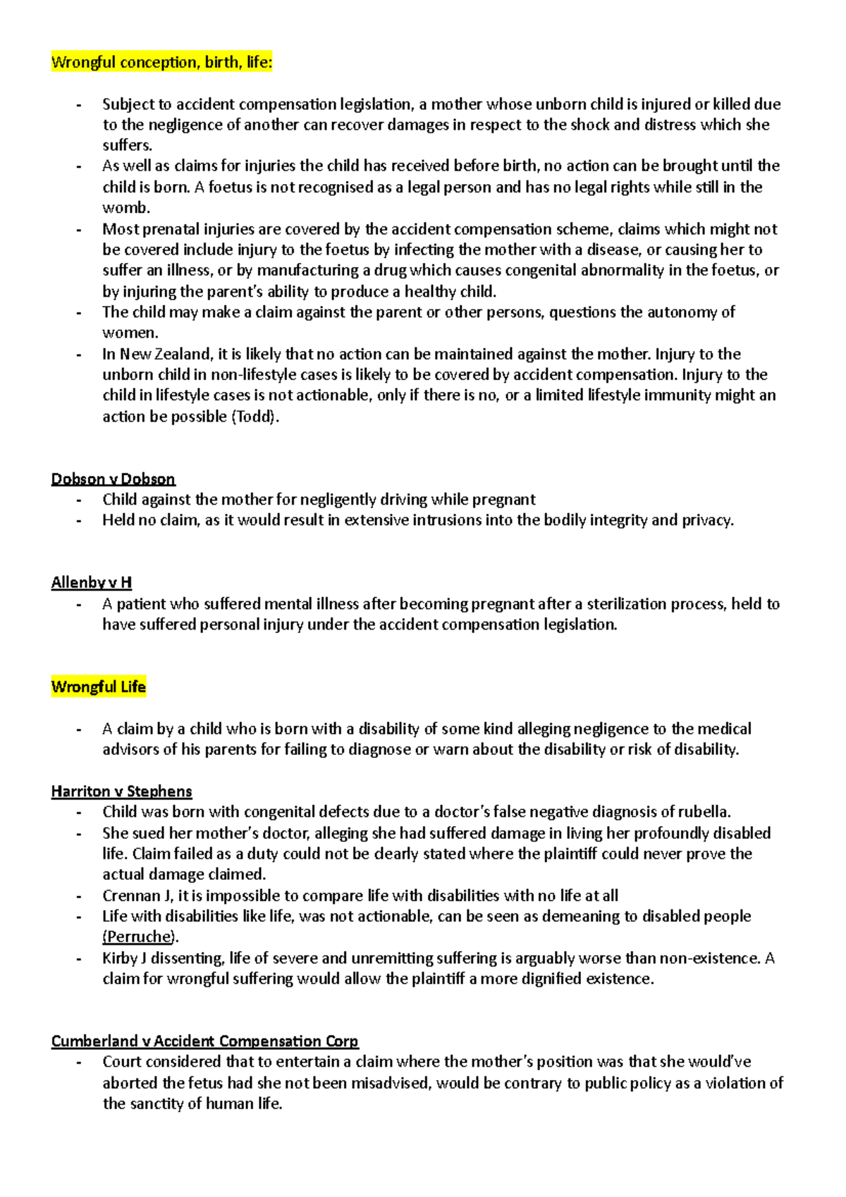 Wrongful Birth - Full notes from 2018 - Wrongful conception, birth ...