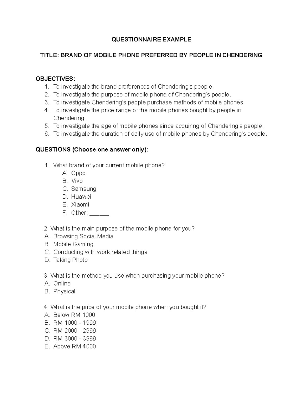 Questionnaire STA416 Convenient Boys - QUESTIONNAIRE EXAMPLE TITLE ...
