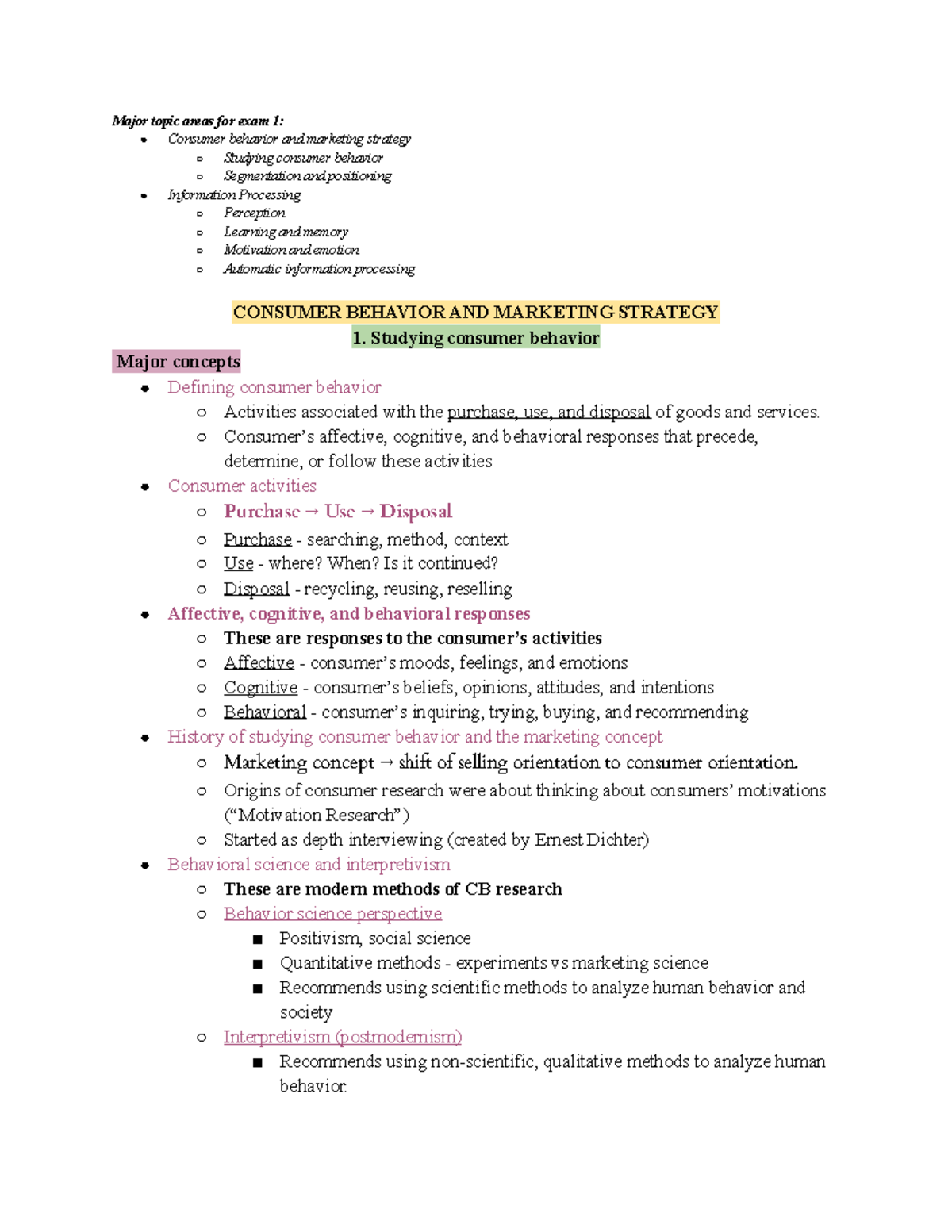 CB Exam 1 Study Guide - Major topic areas for exam 1: Consumer behavior and marketing strategy ...