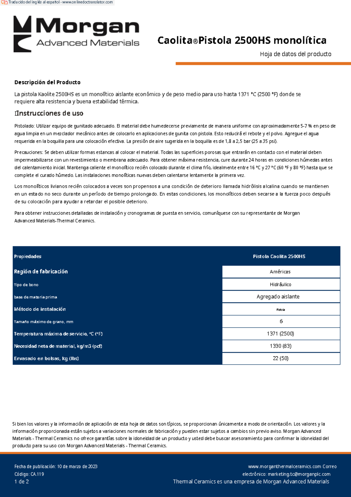 Kaolite-2500hs-gun eng - Caolita®Pistola 2500HS monolítica Hoja de ...