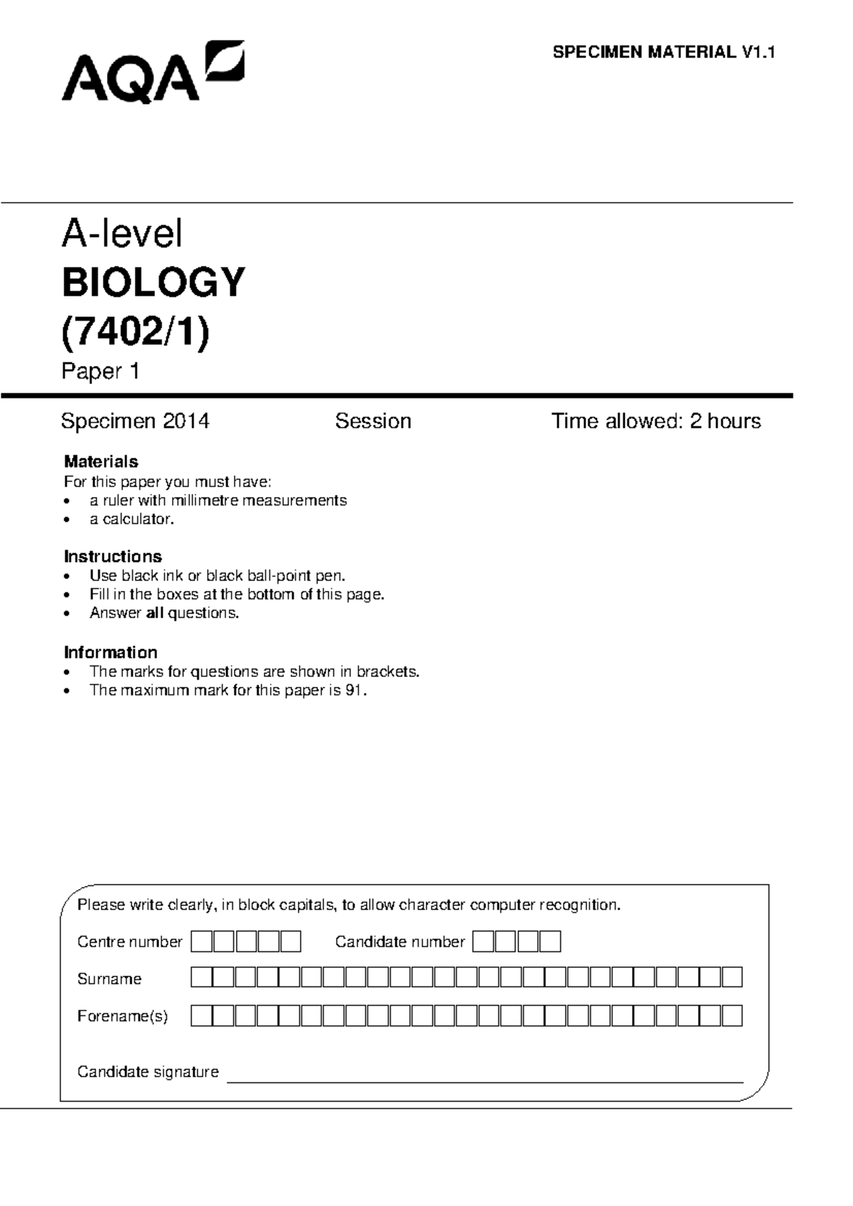 AQA A-level Biology Specimen Question Paper 1 2014 - SPECIMEN MATERIAL ...