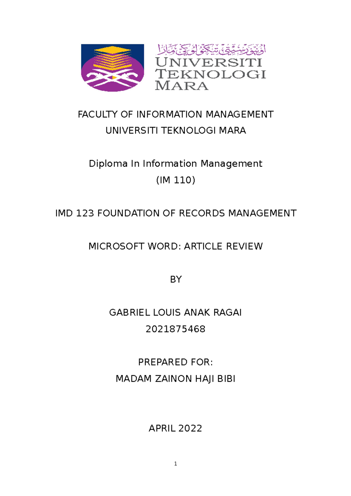 Imd 123 new - OKEY - FACULTY OF INFORMATION MANAGEMENT UNIVERSITI TEKNOLOGI MARA Diploma In ...
