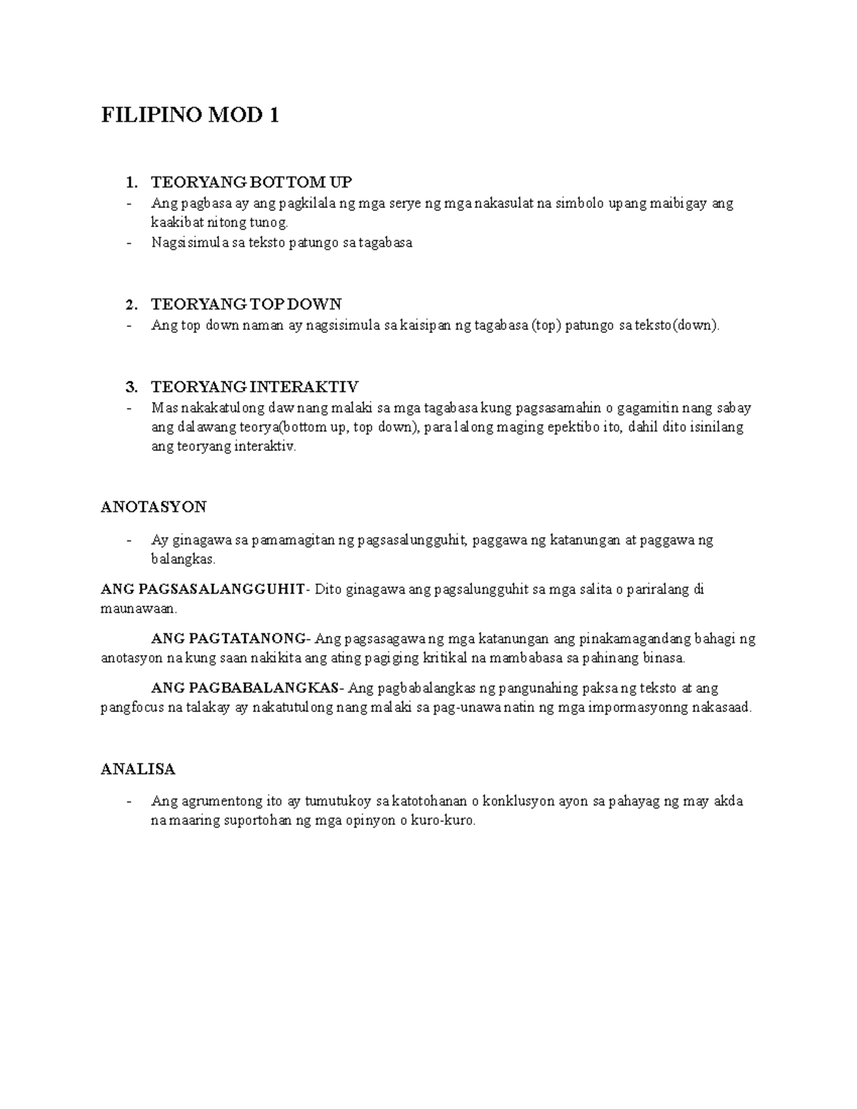 FILI Reviewer - filipino - FILIPINO MOD 1 1 BOTTOM UP Ang pagbasa ay ...