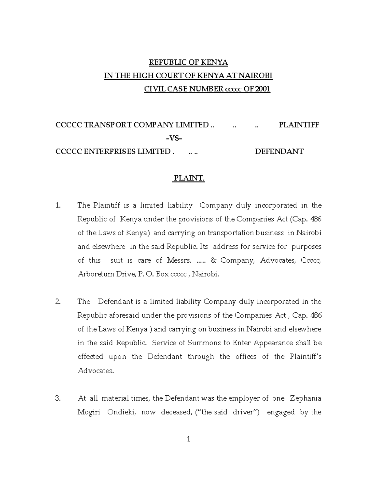 Sample plaint ONLY - REPUBLIC OF KENYA IN THE HIGH COURT OF KENYA AT ...