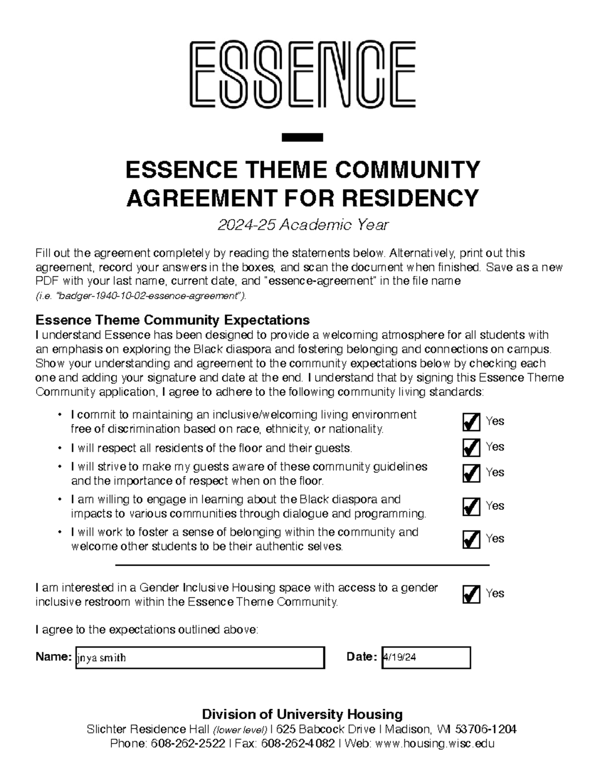Essence-agreement - ESSENCE THEME COMMUNITY AGREEMENT FOR RESIDENCY ...
