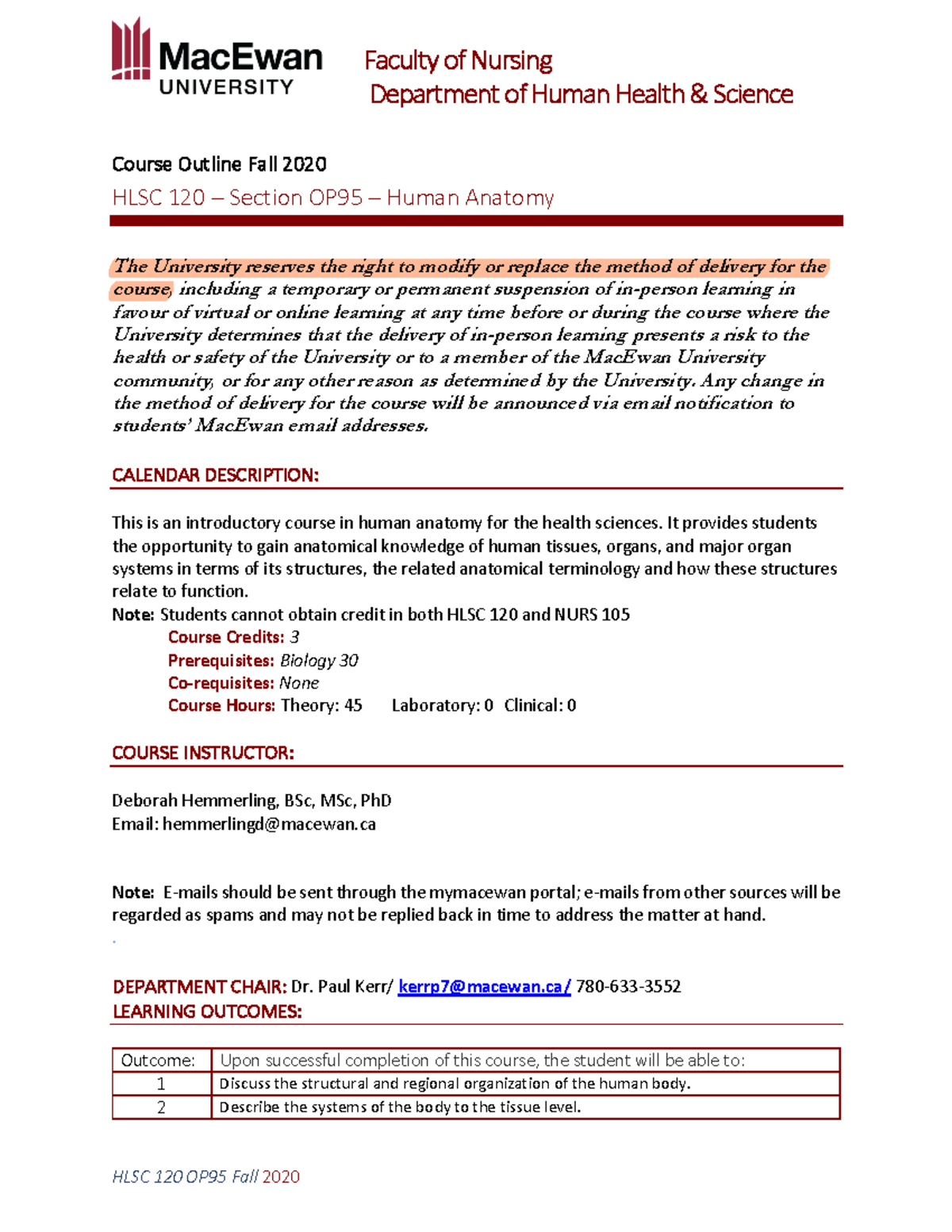 HLSC-120 2020 outline - HLSC 120 OP95 Fall 2020 Faculty of Nursing Department of Human Health ...