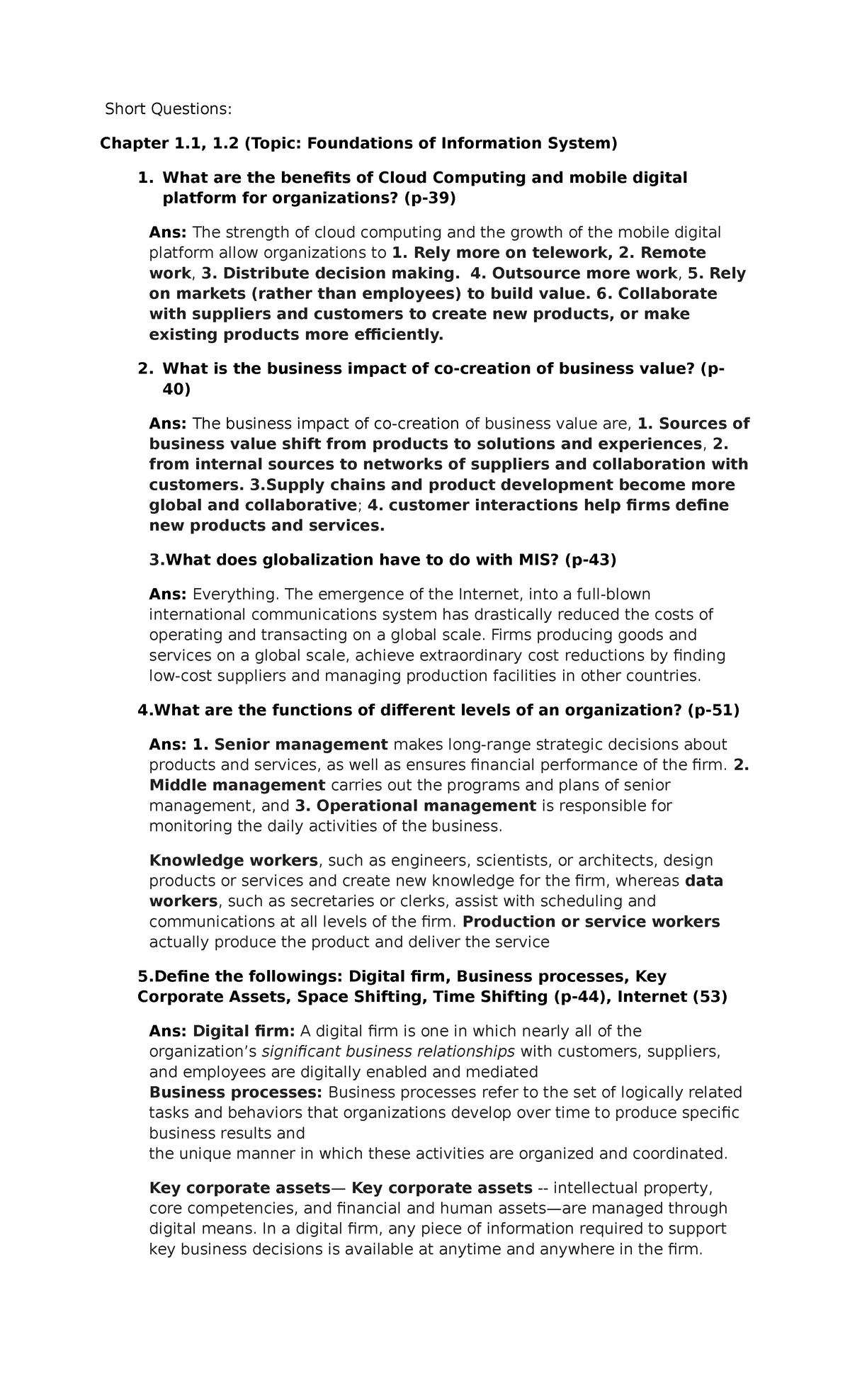 Questions from Chap 1 and Rugby Case Assignment 2 - Short Questions: Chapter 1, 1 (Topic: - Studocu