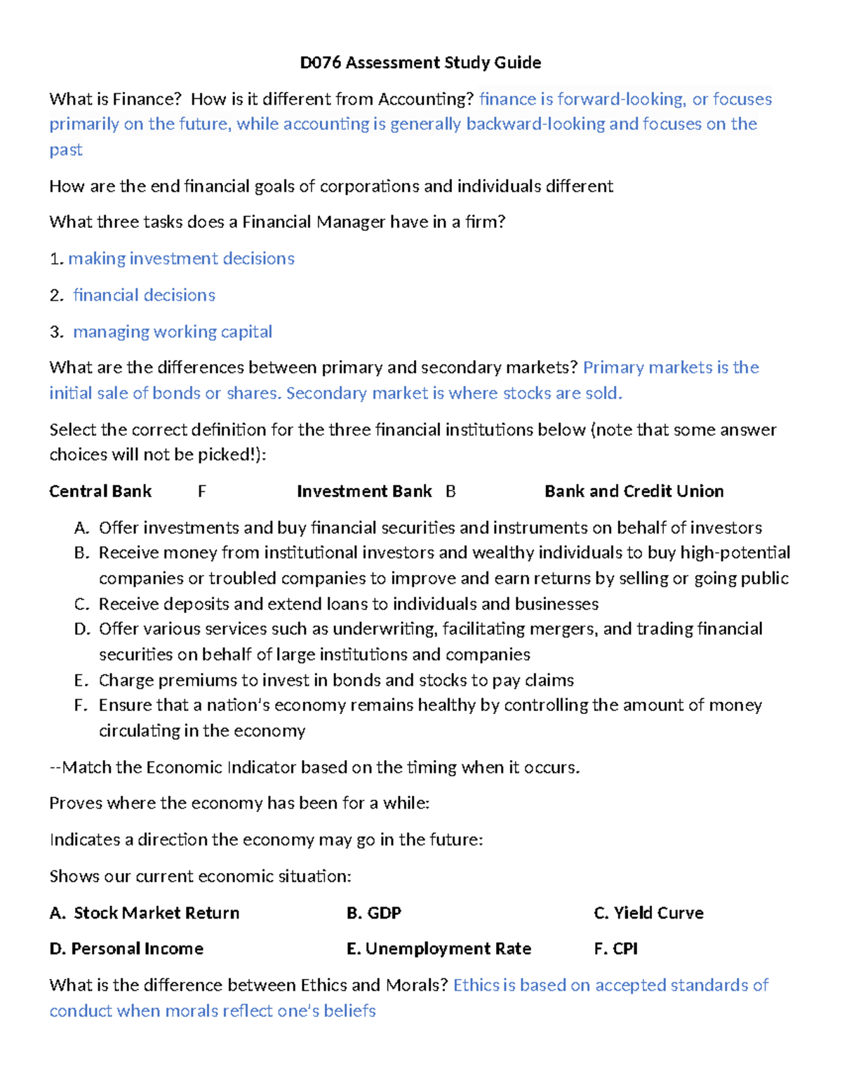 D076 Review Guide - D076 Assessment Study Guide What is Finance? How is ...