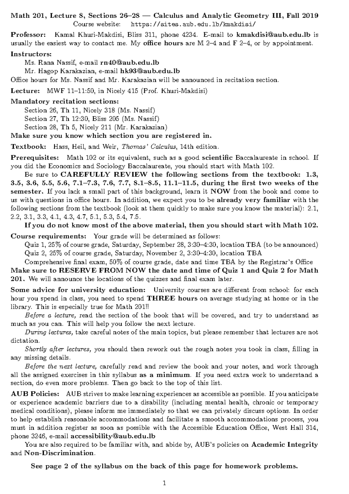 201syllabus - Math 201, Lecture 8, Sections 26–28 — Calculus and Analytic Geometry III, Fall ...