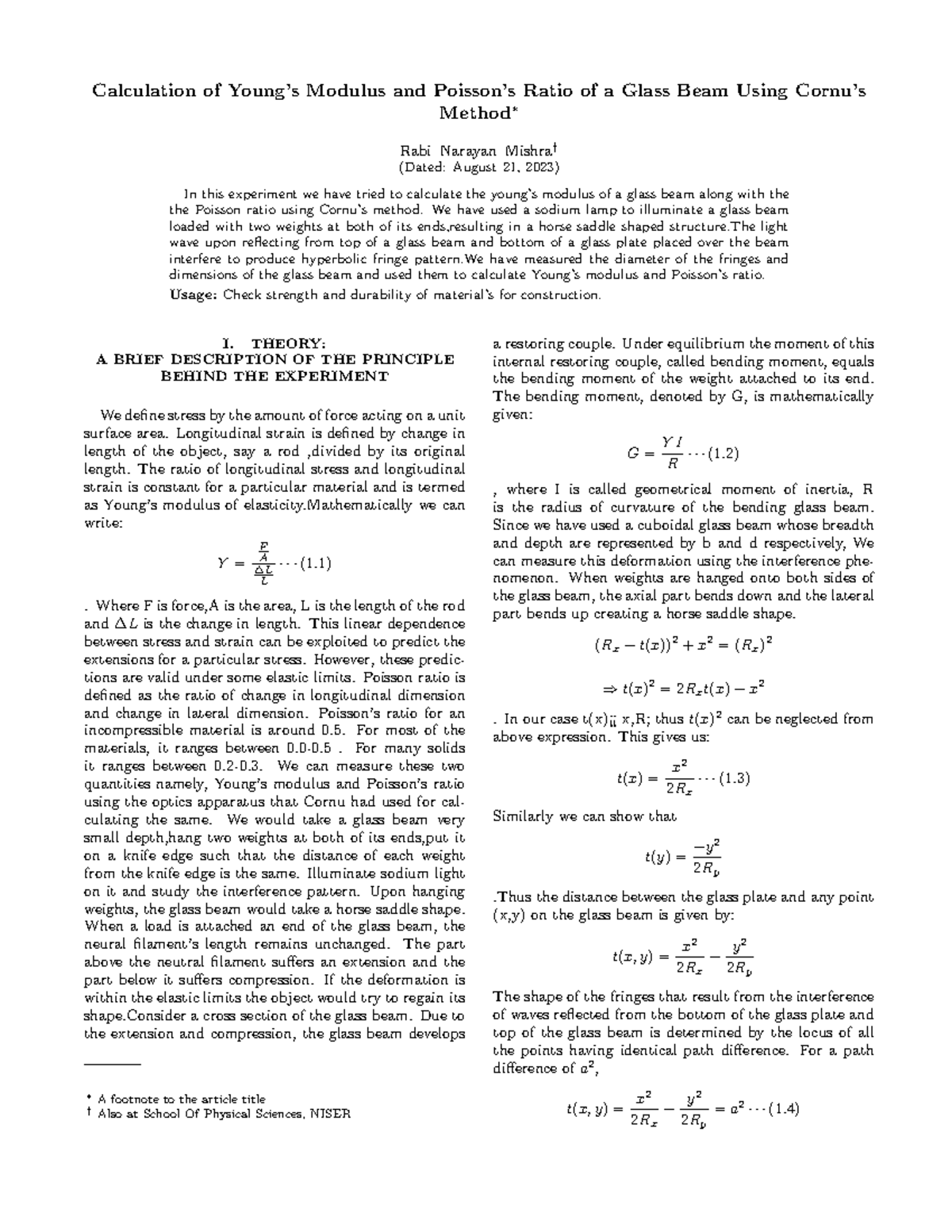 Young's modulus using cornu's method - Calculation of Young’s Modulus ...