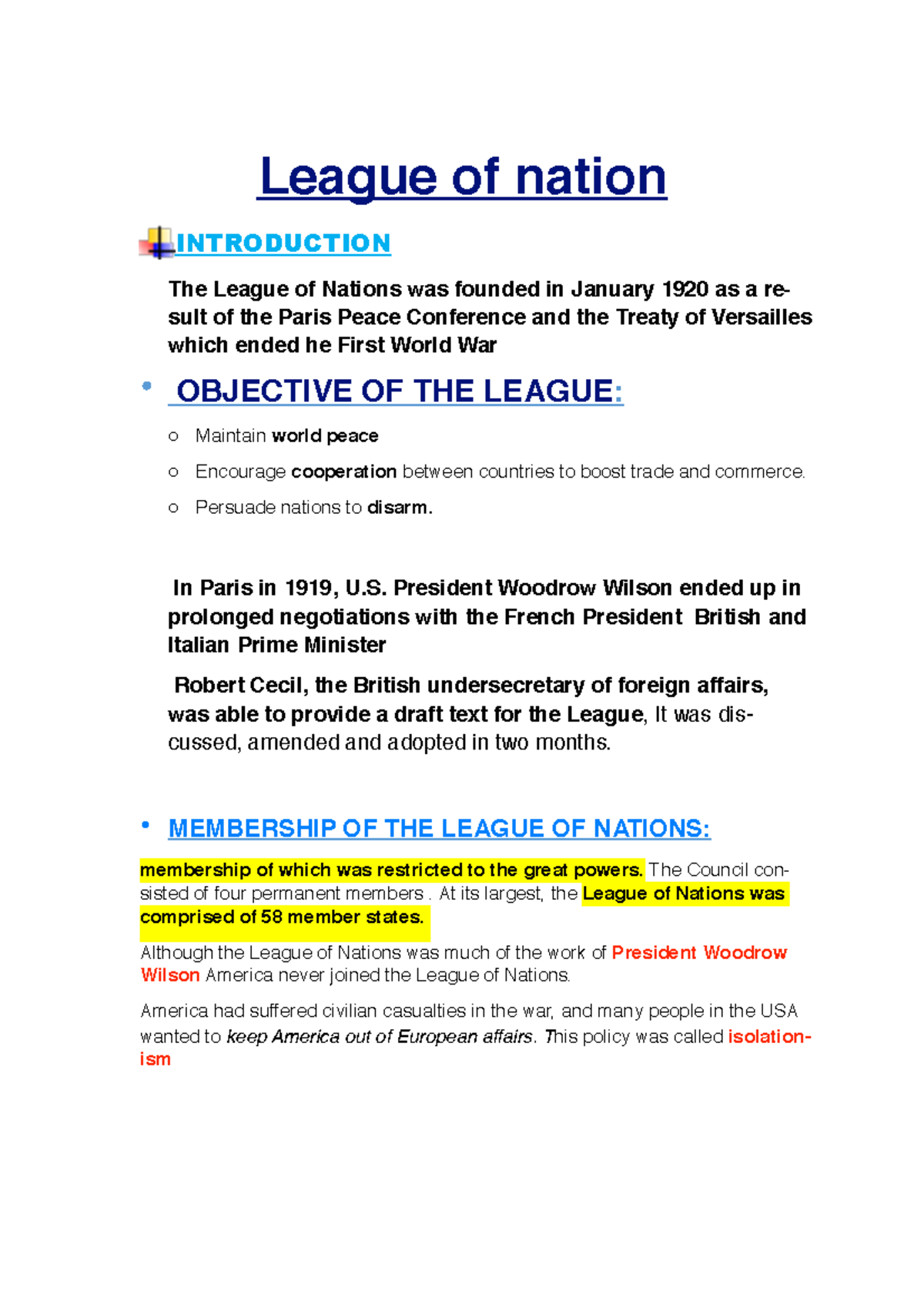 Leage of nation and its form - League of nation INTRODUCTION The League ...