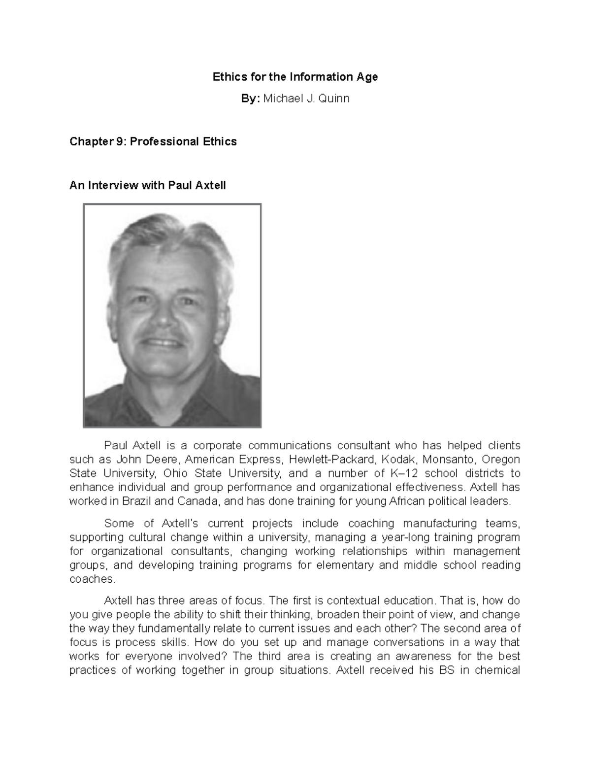 Chapter 9 Professional Ethics an Interview with Paul Axtell - Ethics ...