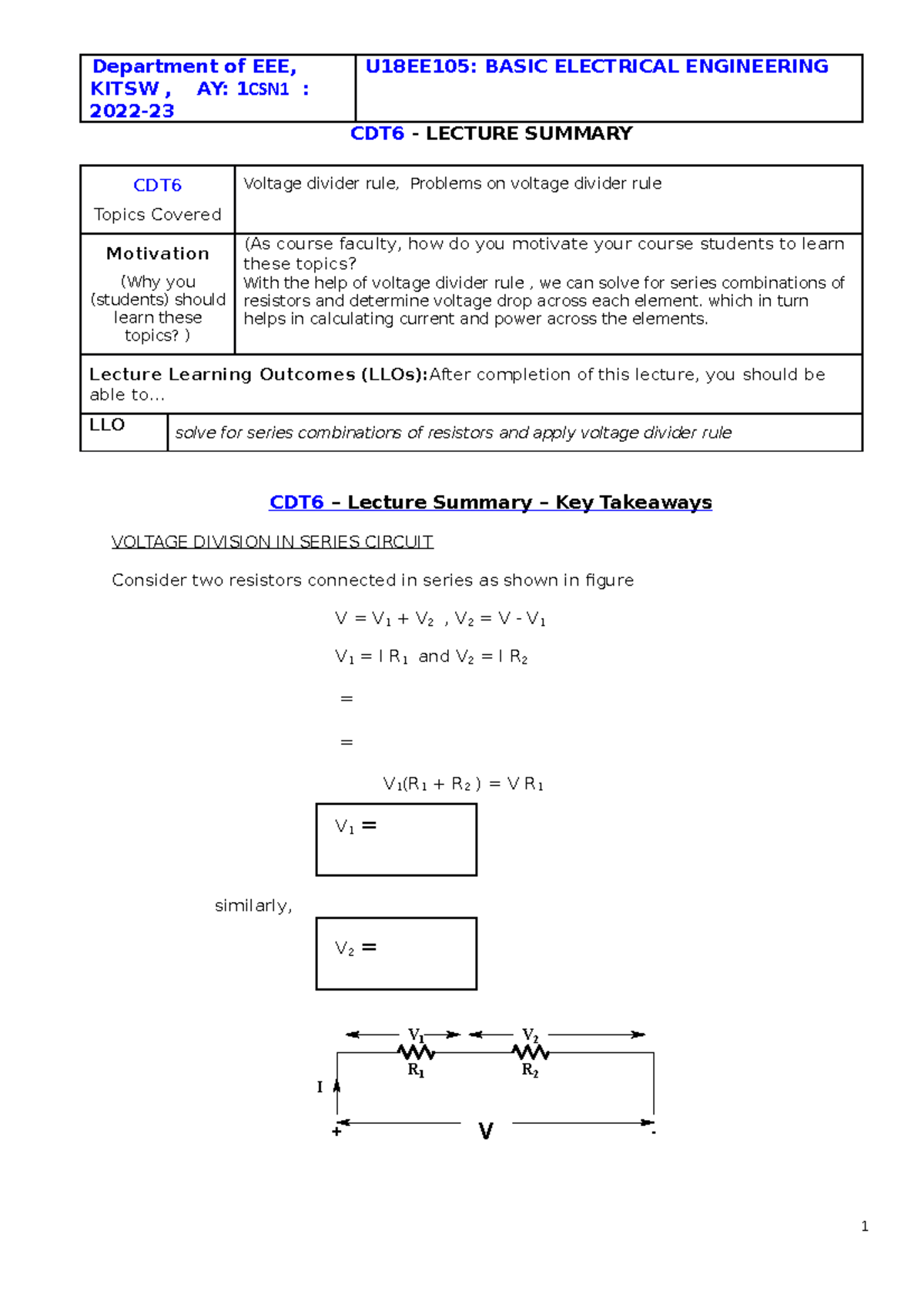 BEE CDT6 Summary - Voltage divider rule, Problems on voltage divider rule - KITSW , AY: 1CSN1 ...