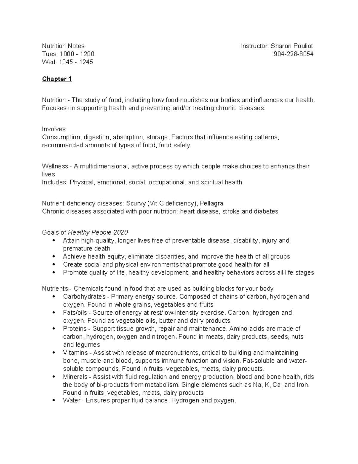 Nutrition Notes (1) - Nutrition Notes Instructor: Sharon Pouliot Tues ...