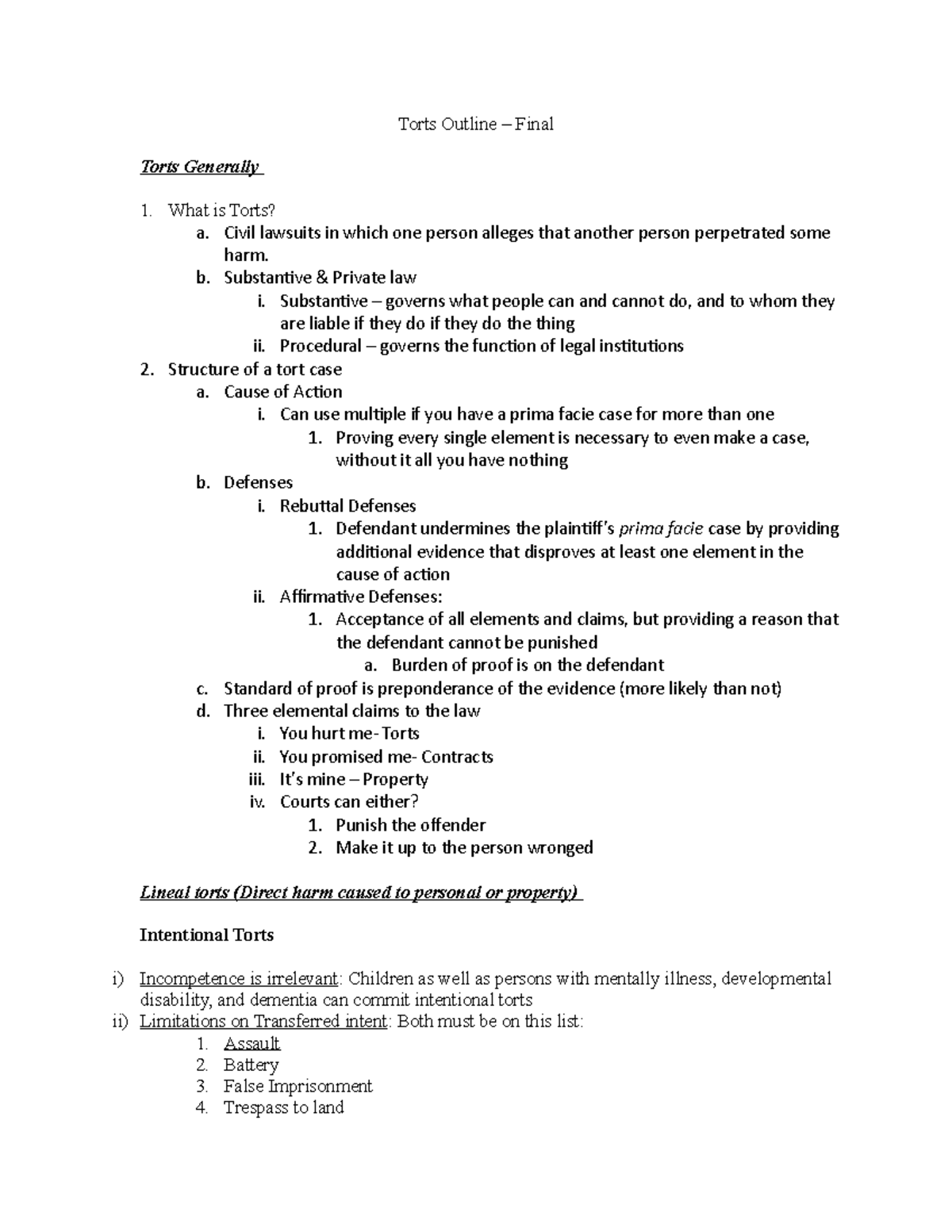 Torts Outline- Final - Torts Outline – Final Torts Generally What is ...
