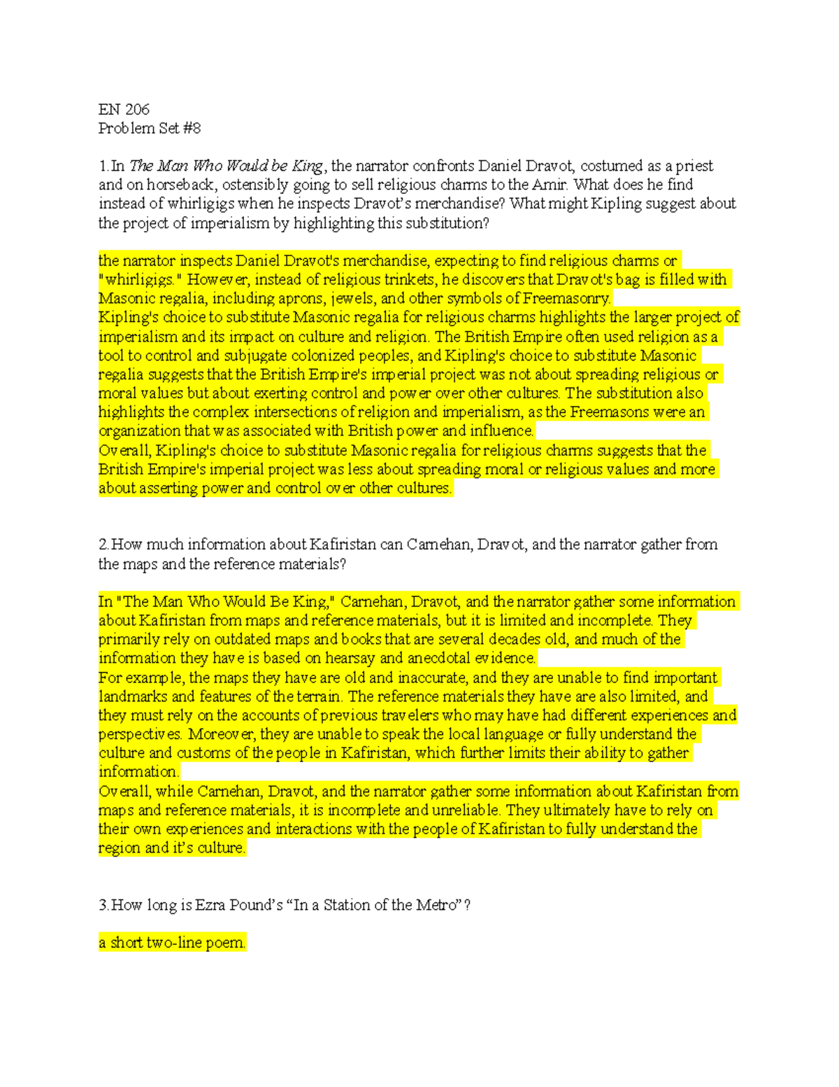 EN206 problem set 8 - EN 206 Problem Set # 1 The Man Who Would be King, the narrator confronts ...