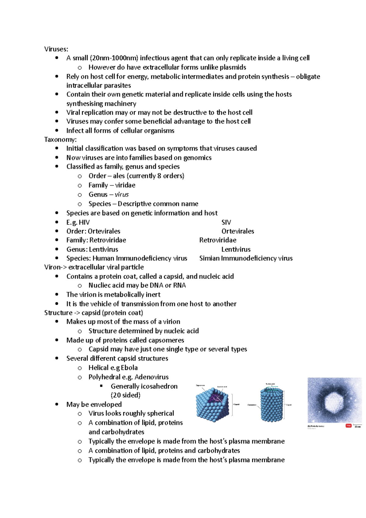 3 Viruses - Lecture notes 3 - Viruses: A small (20nm-1000nm) infecious ...